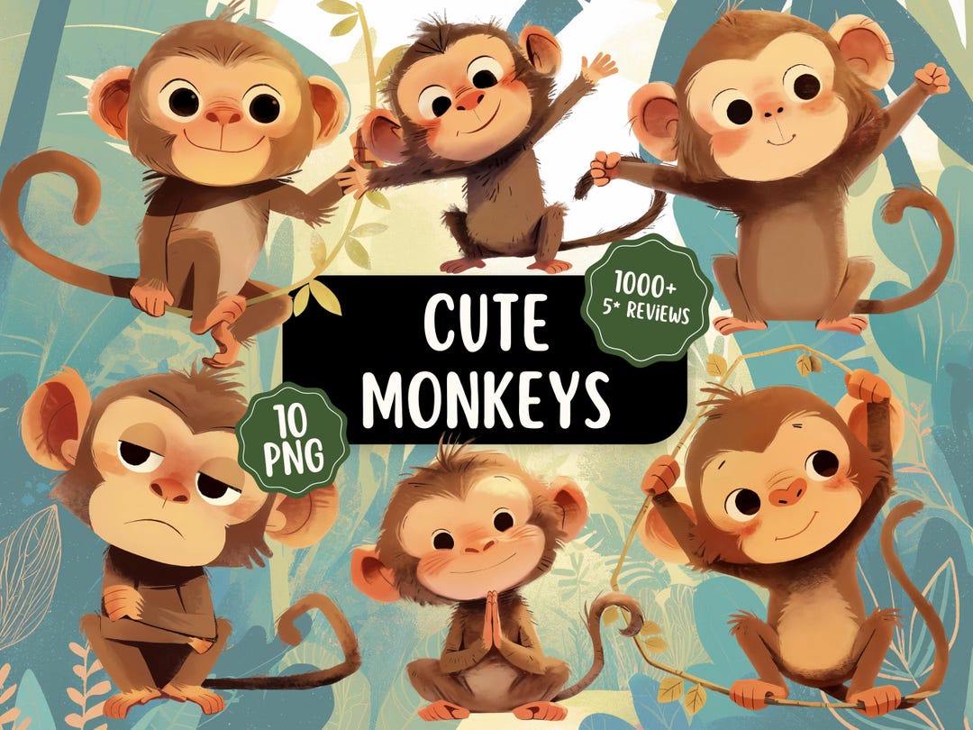 Cute Monkey Clipart Bundle 10 PNG Designs | Transparent Backgrounds ...