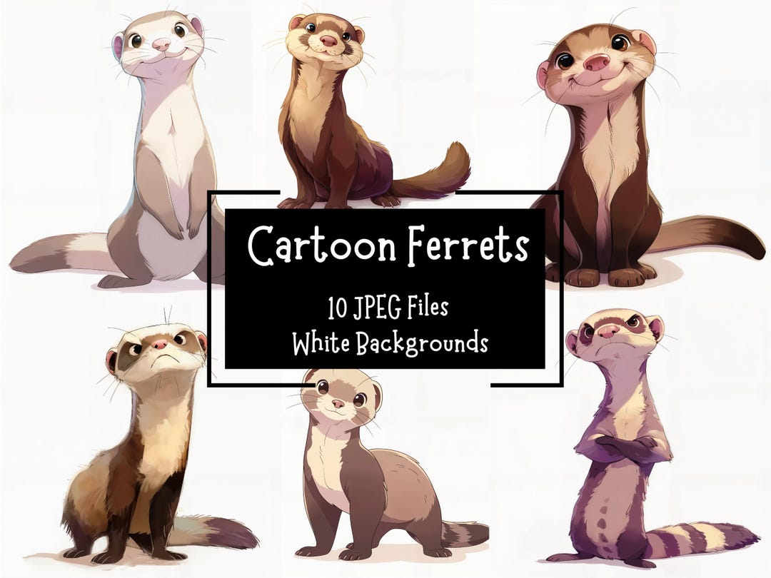 Cute Funny Cartoon Ferret Clipart Bundle 10 Jpeg Files White