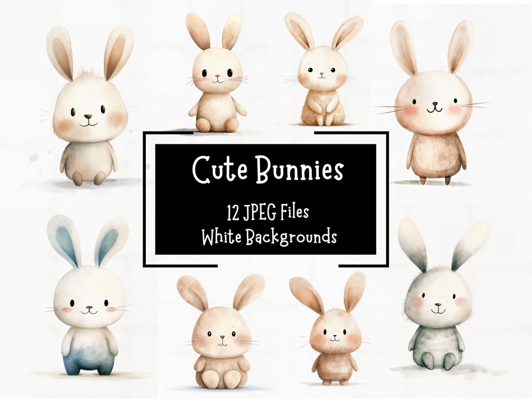 Cute Printable Watercolour Bunny Clipart Bundle 12 JPEG Files | White ...