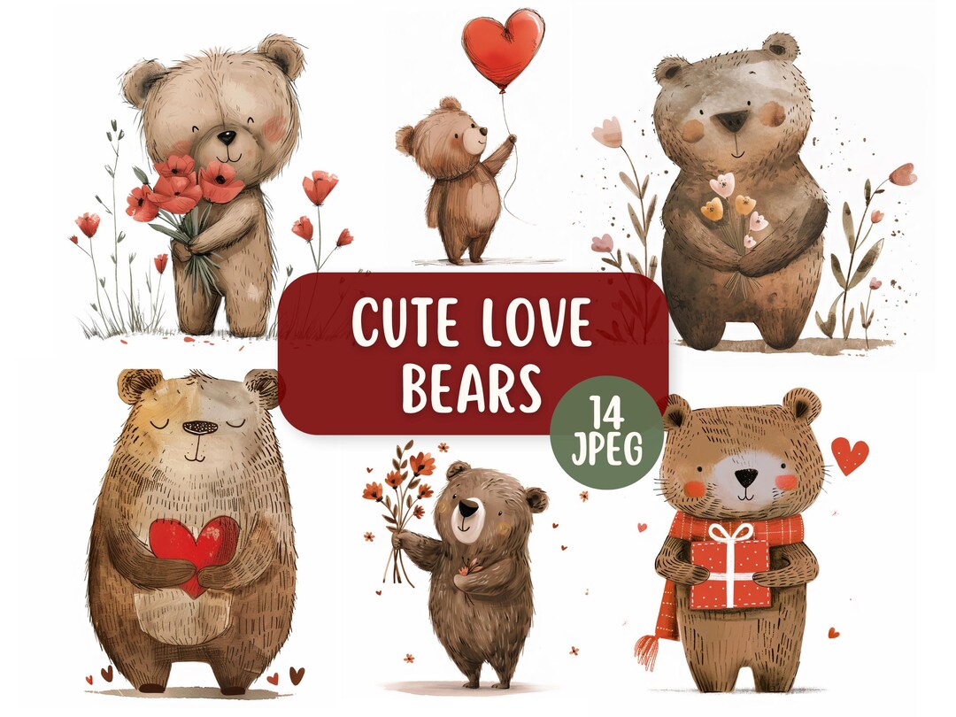 Cute Valentines Bears Clipart Bundle 14 JPEG | Cute Mothers Day Clipart ...