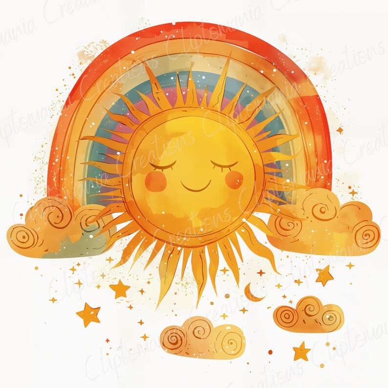 Watercolor Sun and Rainbow Clipart | JPEG Files, Nursery Art (digital ...