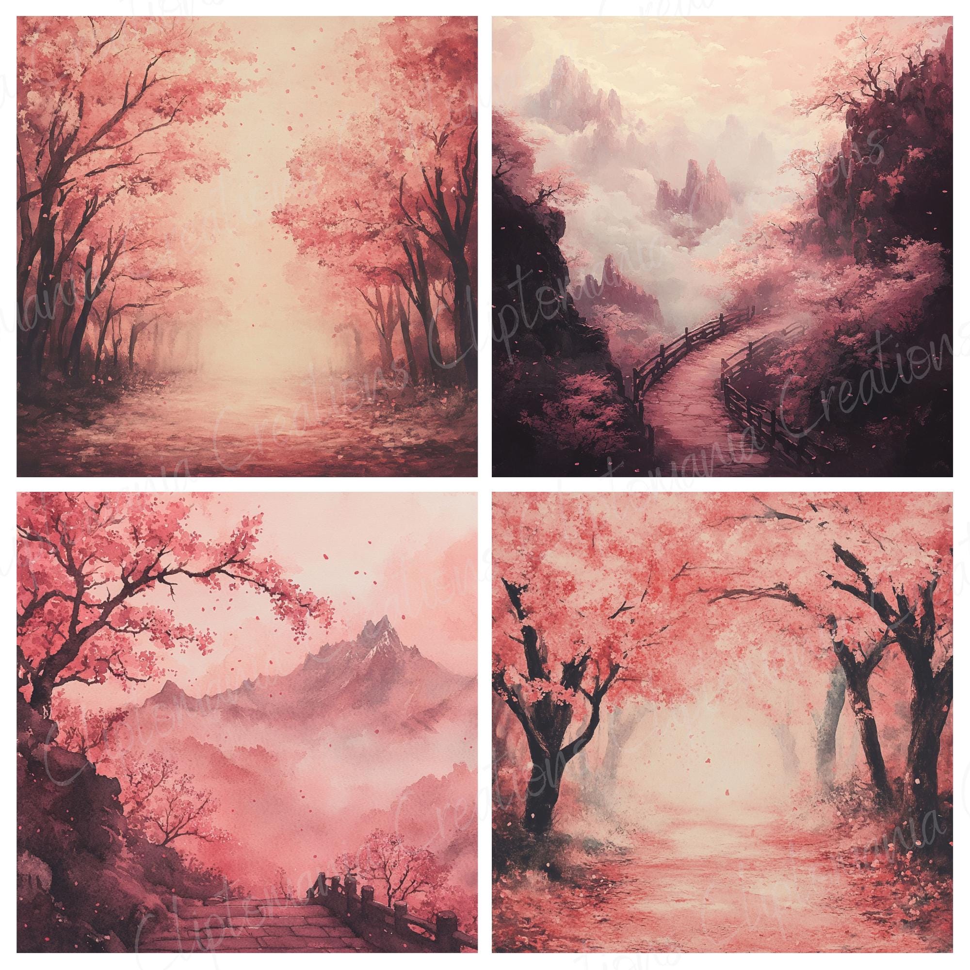 Cherry Blossom Sakura Trails Digital Papers, Watercolour Backgrounds ...