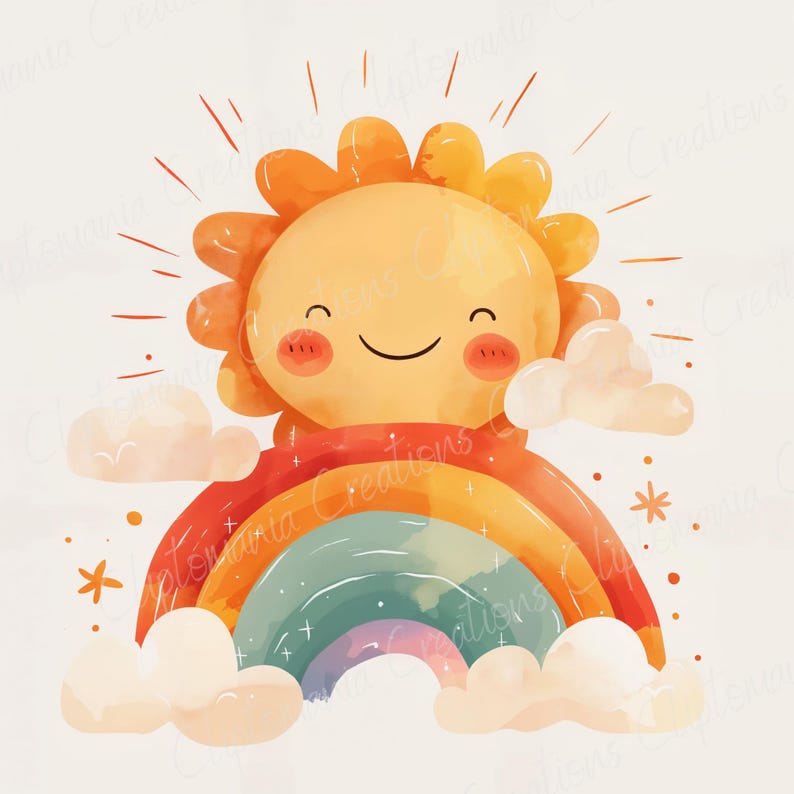 Watercolor Sun and Rainbow Clipart | JPEG Files, Nursery Art (digital ...