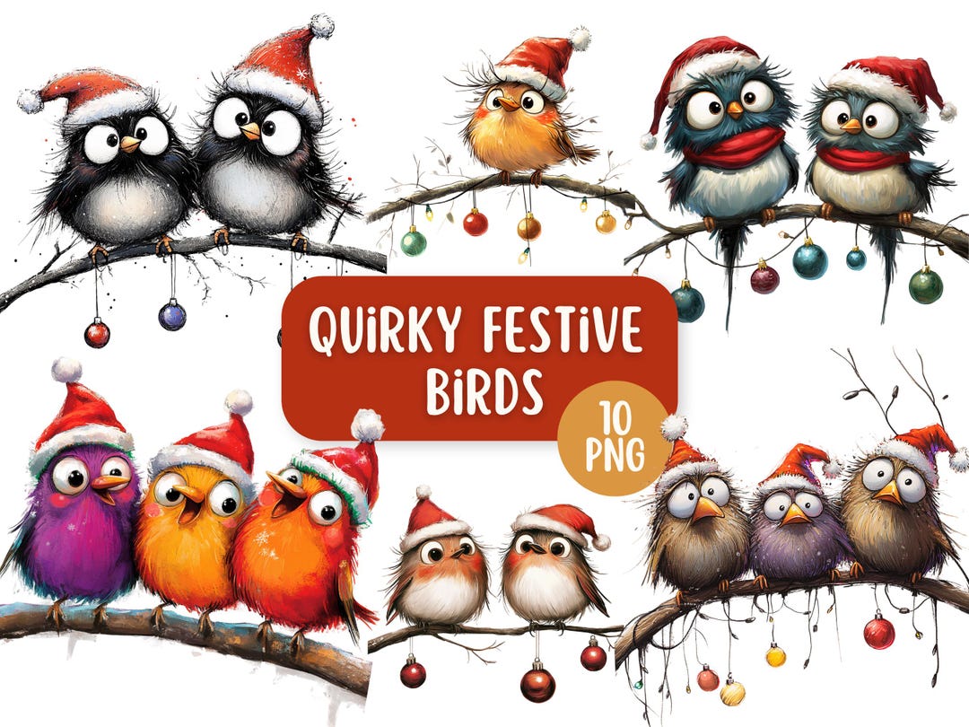 Quirky Festive Birds on A Branch 10 PNG Clipart Bundle | Transparent ...