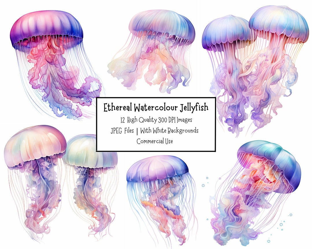 Ethereal Watercolour Jellyfish Clipart Bundle | 12 JPEG Images With ...