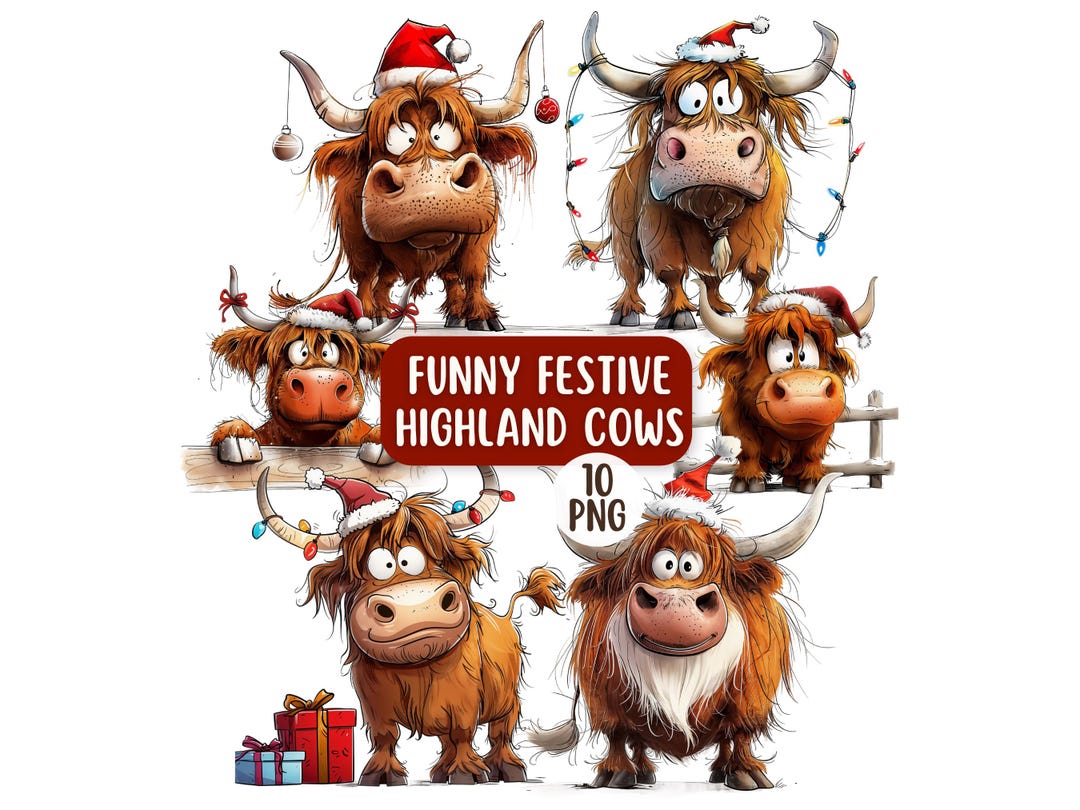 Cute & Funny Festive Highland Cow PNG Clipart Bundle | Transparent ...