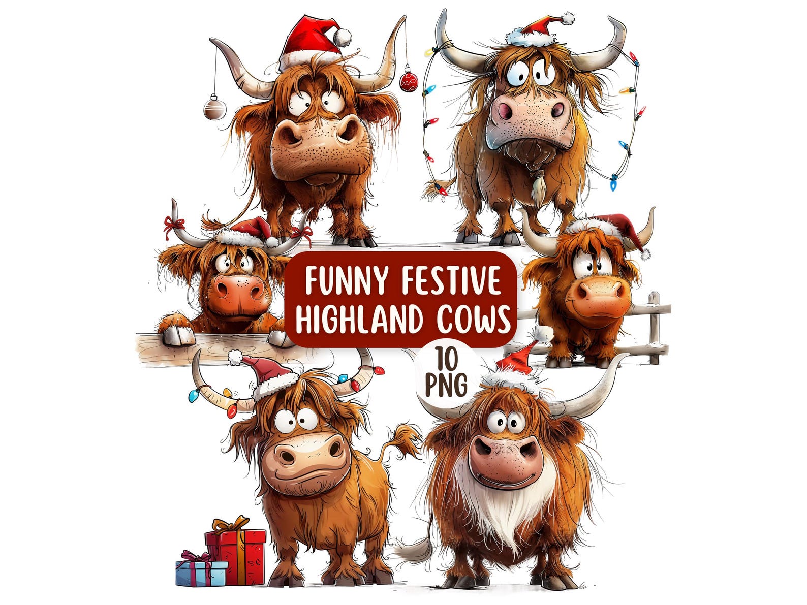 Cute & Funny Festive Highland Cow PNG Clipart Bundle | Transparent ...