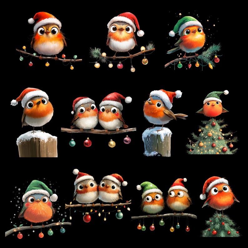 Cute Christmas Robin PNG Clipart Bundle, Christmas Birds on A Branch ...