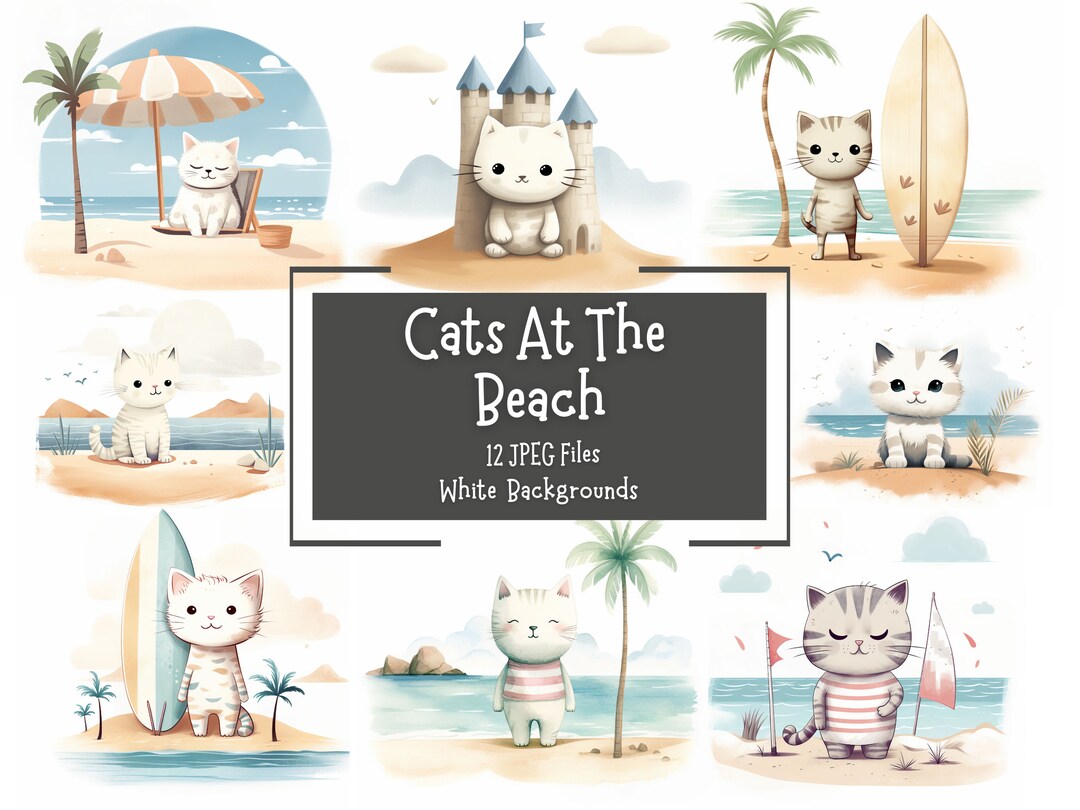 Cute Cats at the Beach 16 JPEG Image Clipart Bundle | Pastel Summer ...