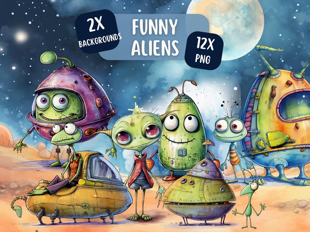 Funny Watercolour Alien Clipart Bundle 12 PNG Designs | Transparent ...