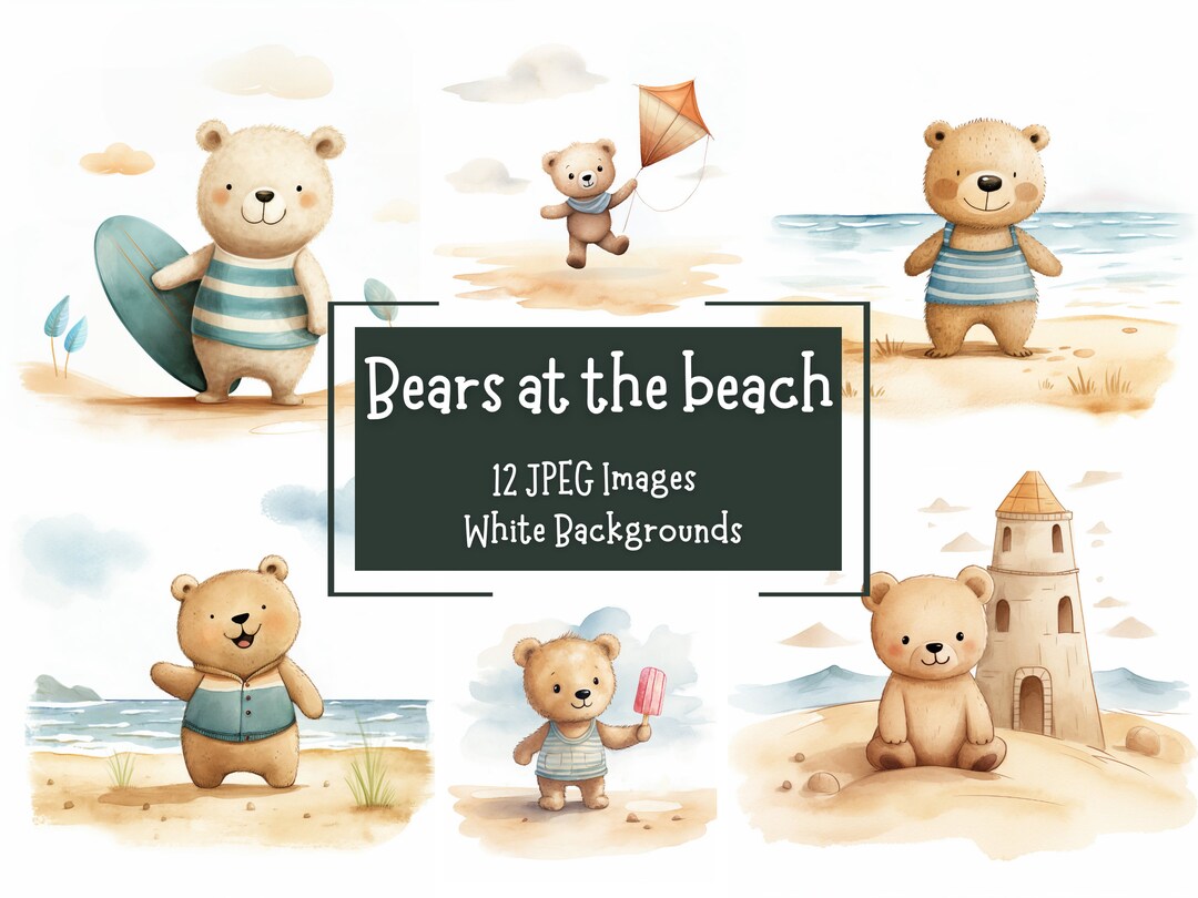 Cute Teddy Bears at the Beach Clipart Bundle 12 JPEG Images | Summer ...