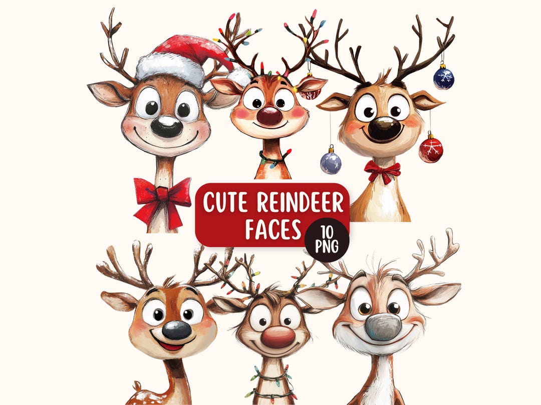 Cute Christmas Reindeer Faces PNG Clipart Bundle, Watercolour Christmas ...