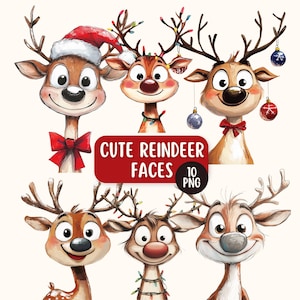 Cute Christmas Reindeer Faces PNG Clipart Bundle, Watercolour Christmas ...