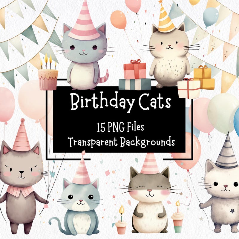 15 Cat Birthday Clipart - Etsy