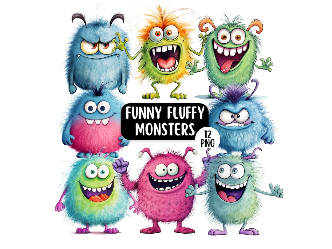 Funny Fluffy Monster Clipart Bundle 12 PNG | Cute Cartoon Monsters ...