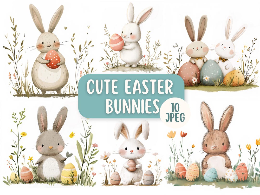 Cute Easter Bunny Clipart Bundle 10 JPEG | Easter Crafts | Card Making ...