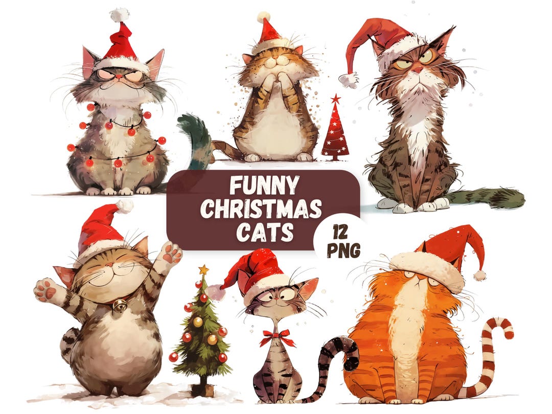 Cute and Funny Christmas Cat Clipart Bundle 12 PNG Designs ...