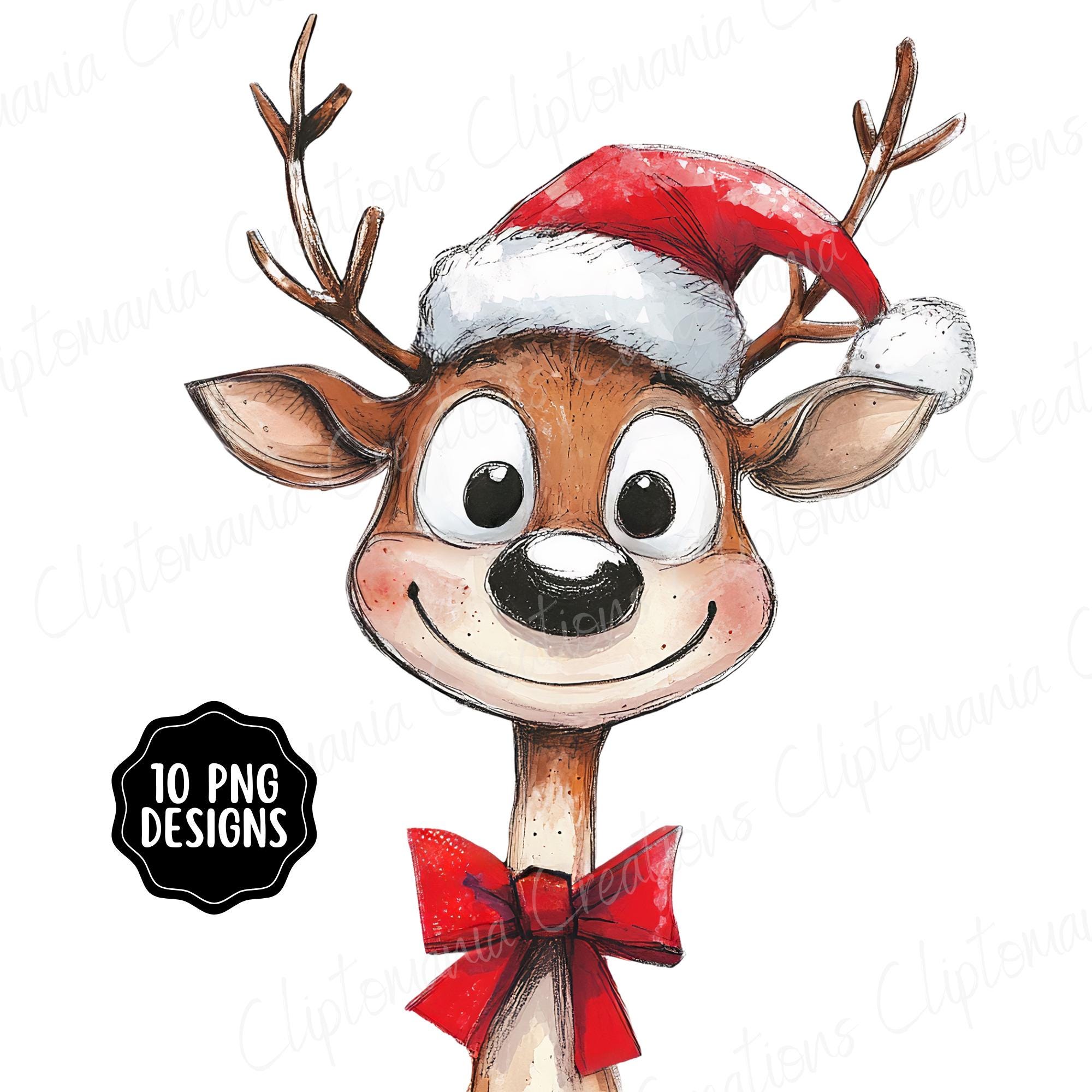 Cute Christmas Reindeer Faces PNG Clipart Bundle, Watercolour Christmas ...