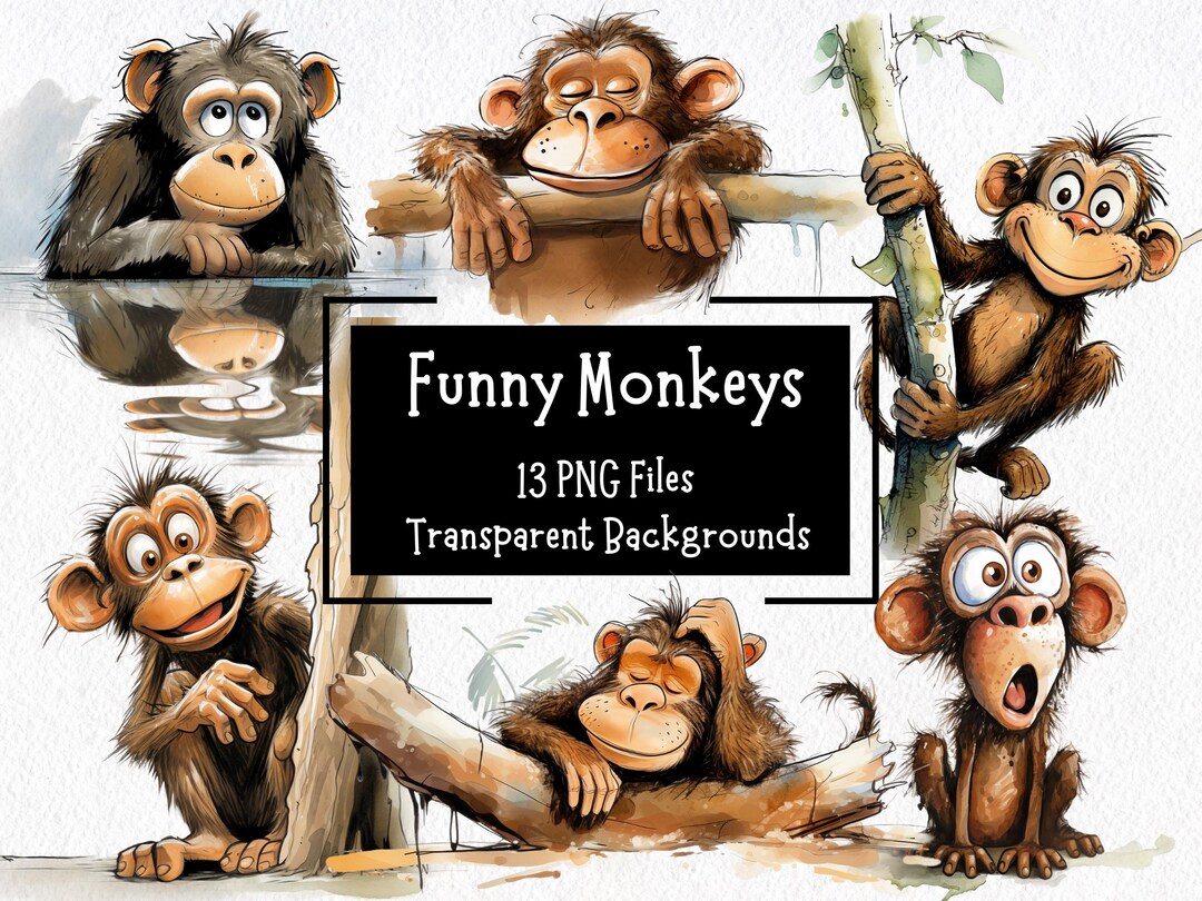Cute and Funny Monkey Clipart Bundle 13 PNG Designs | Transparent ...