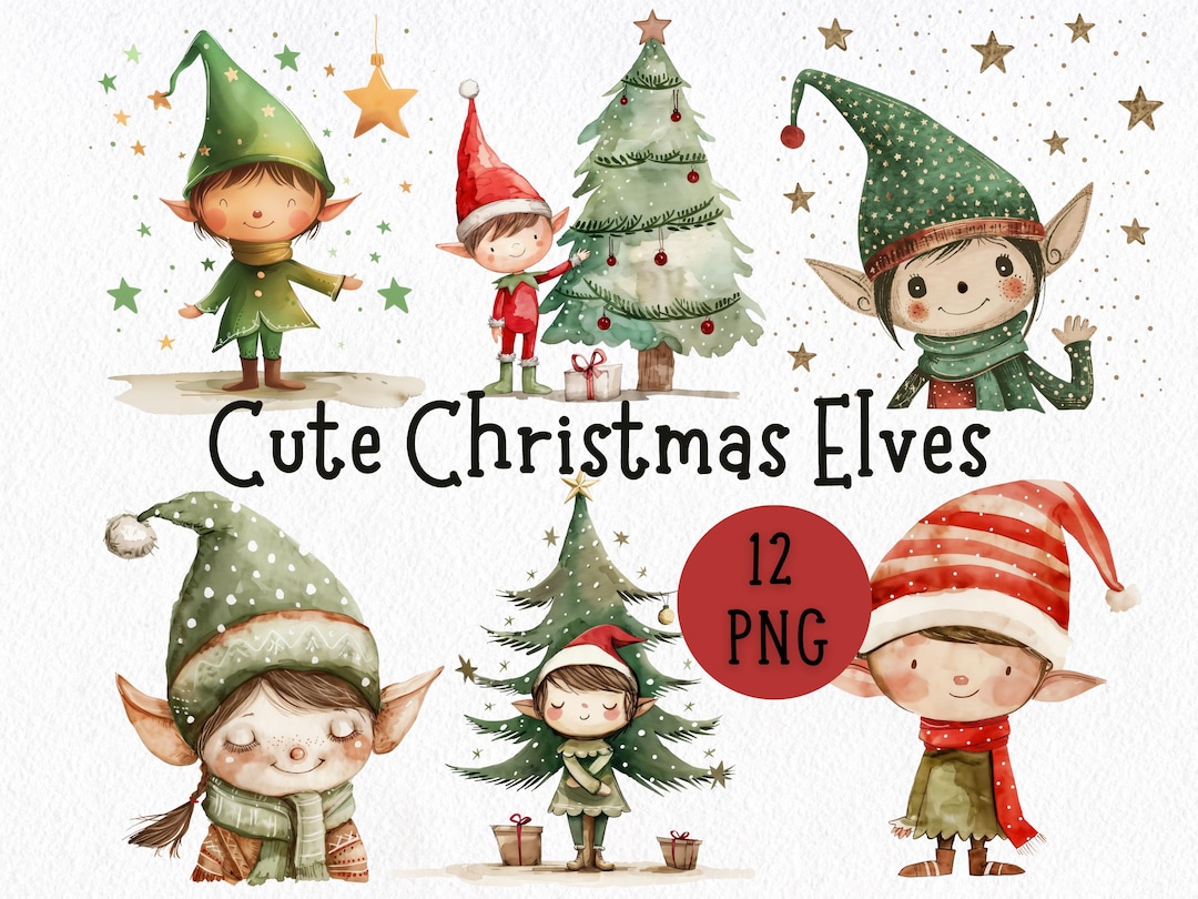Cute Christmas Elves 12 PNG Clipart Bundle | Printable Watercolour ...