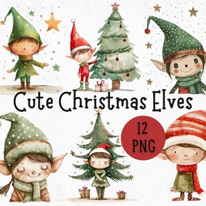 Cute Christmas Elves 12 PNG Clipart Bundle | Printable Watercolour ...