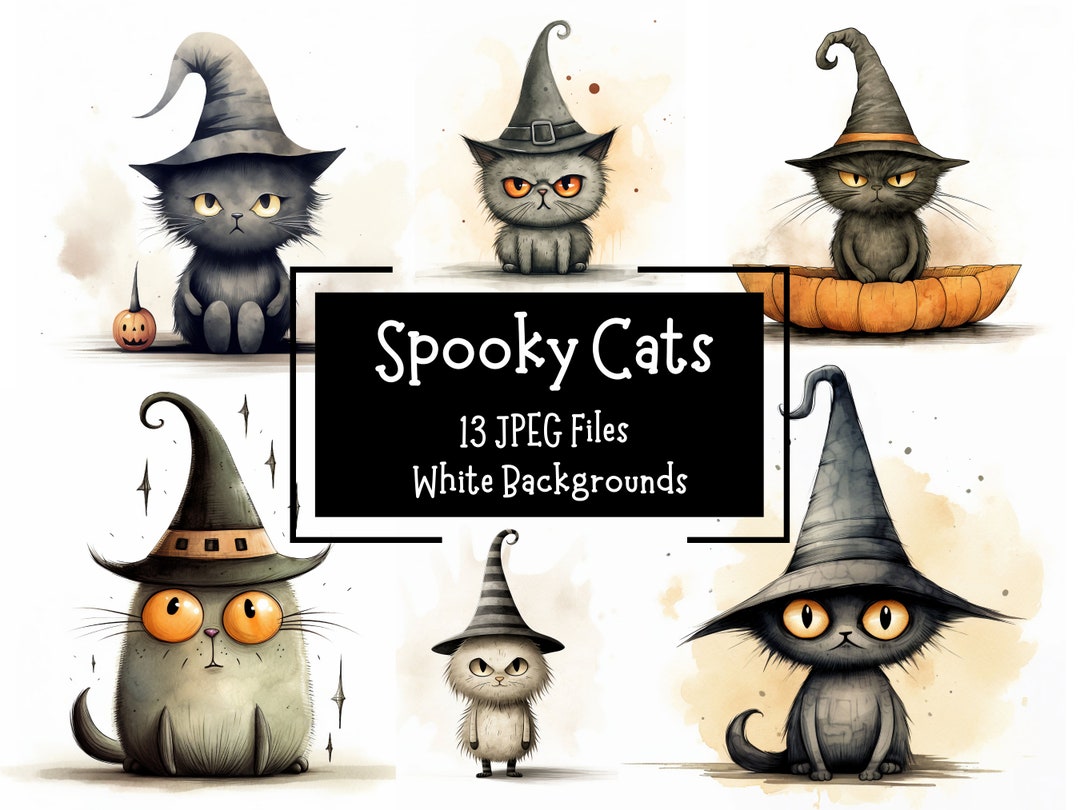 Spooky Halloween Cats Clipart Bundle 13 JPEG Designs | White ...