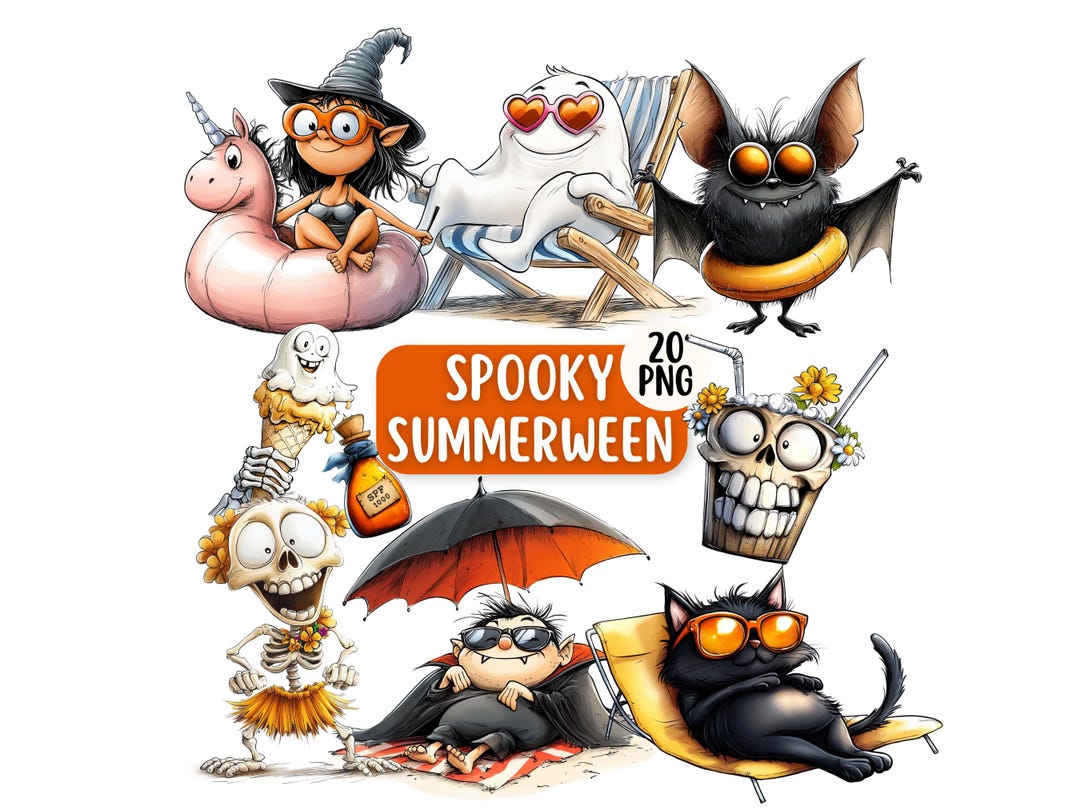 Spooky Summerween Clipart Bundle 20 PNG, Cute & Funny Summer Halloween ...