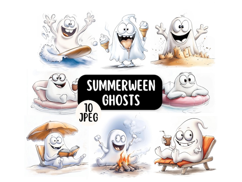 Summerween Funny Ghost Clipart Bundle JPEG, Cute Halloween Ghost ...