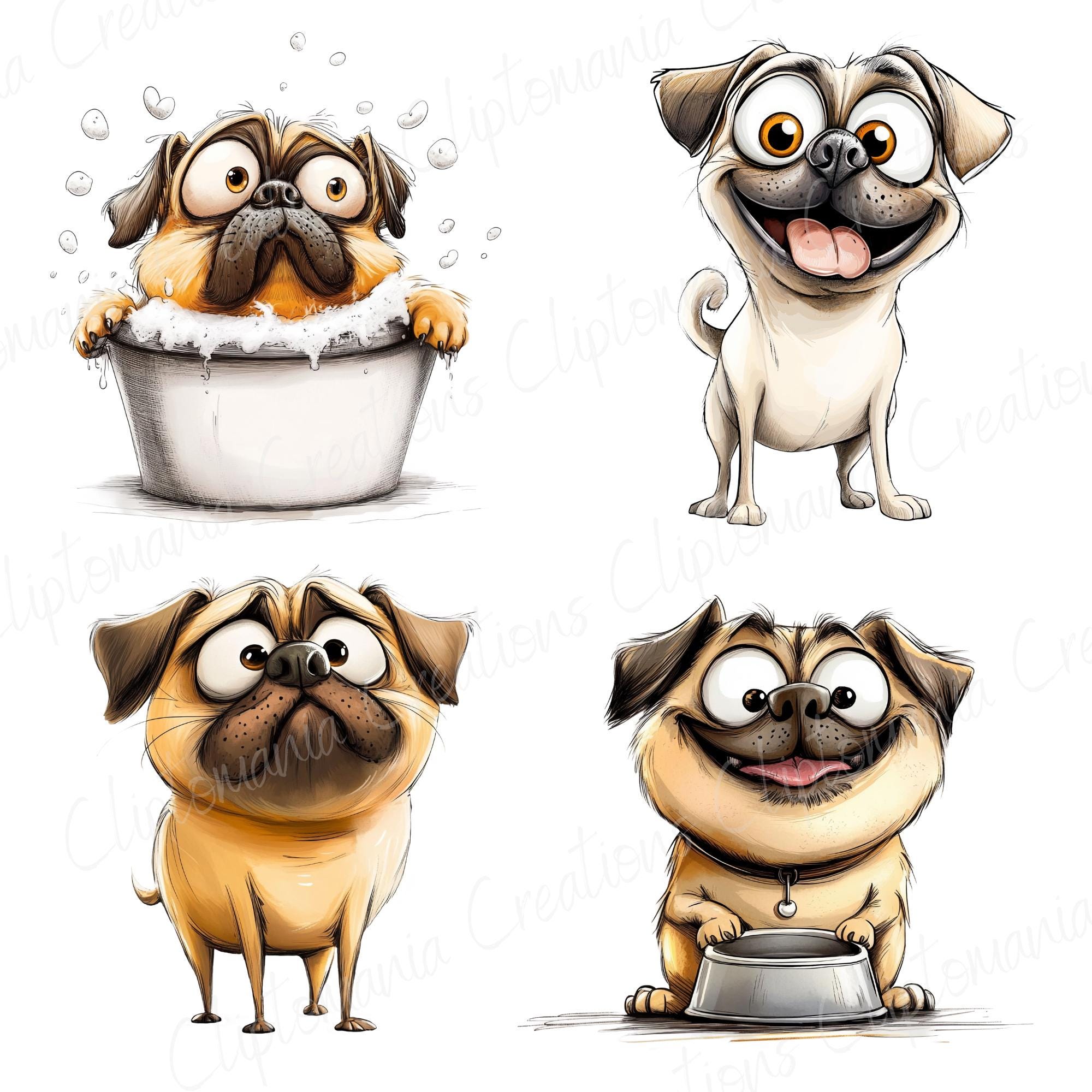Funny Pug PNG Clipart Bundle, Watercolour Dog Clipart, Digital Download ...