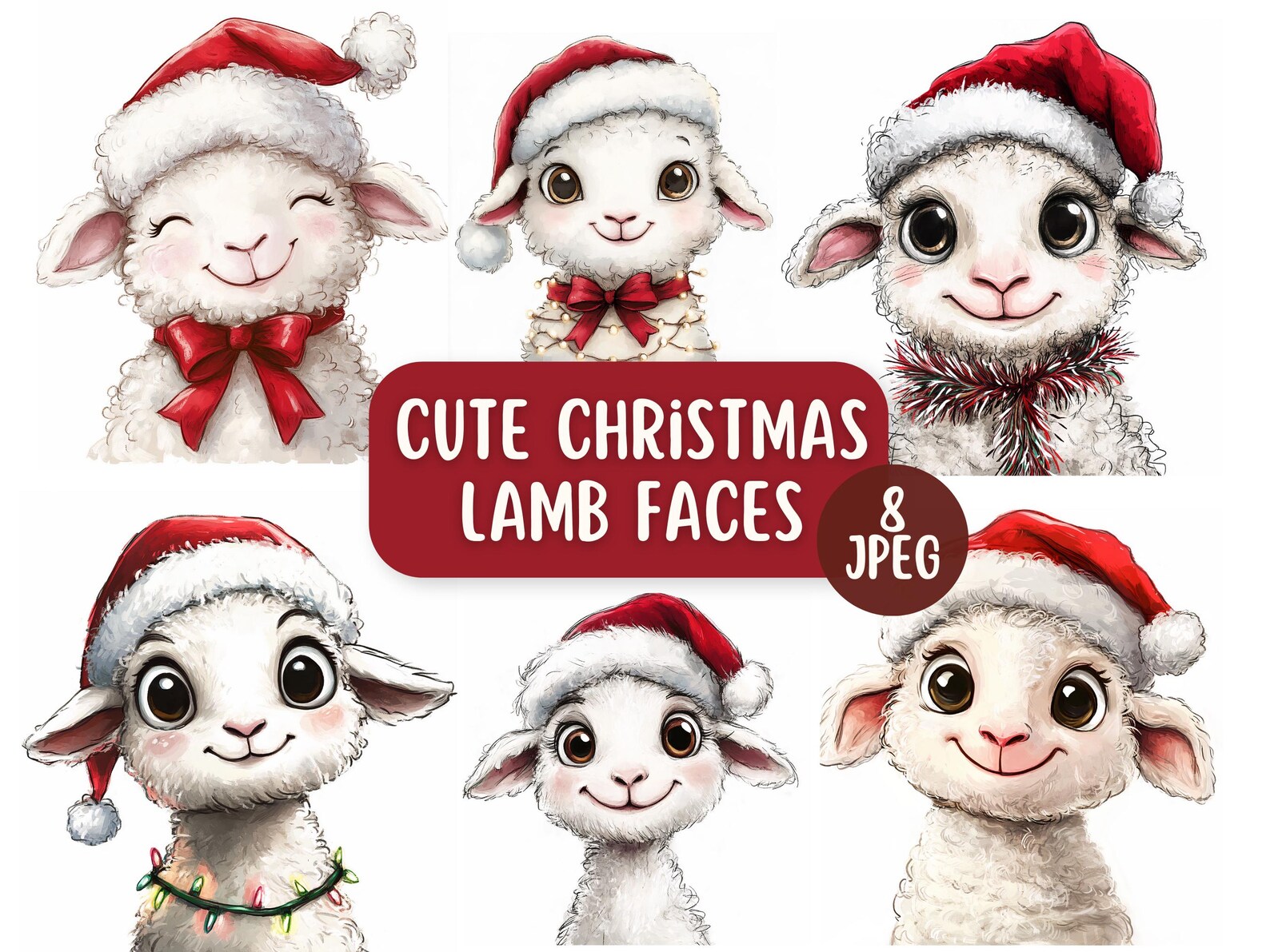 Cute Christmas Lamb Faces 8 JPEG Clipart Bundle | White Backgrounds ...
