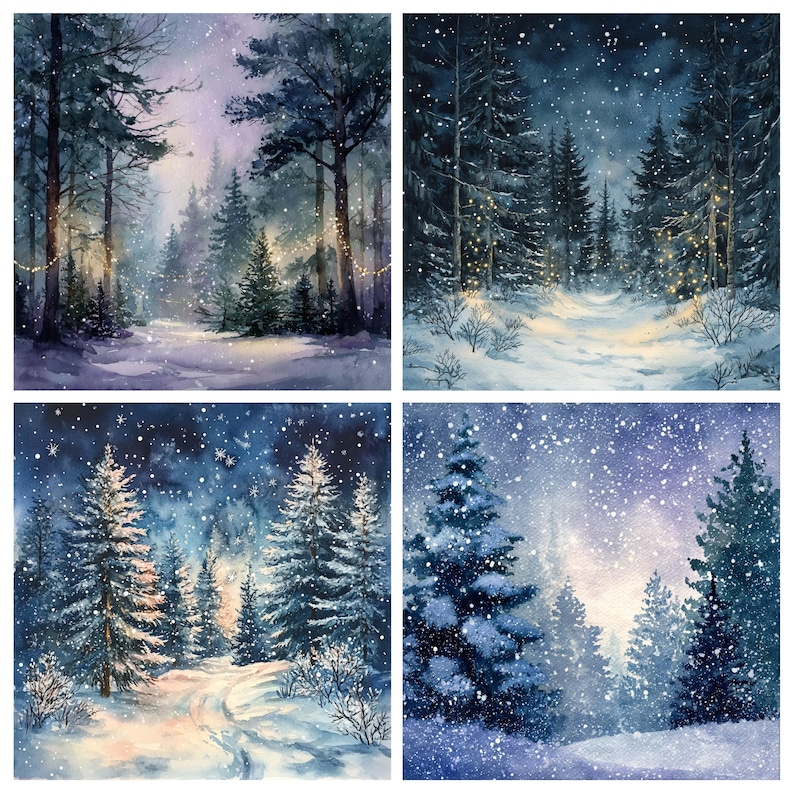 Snowy Winter Forest Digital Papers | Watercolour Christmas Backgrounds ...