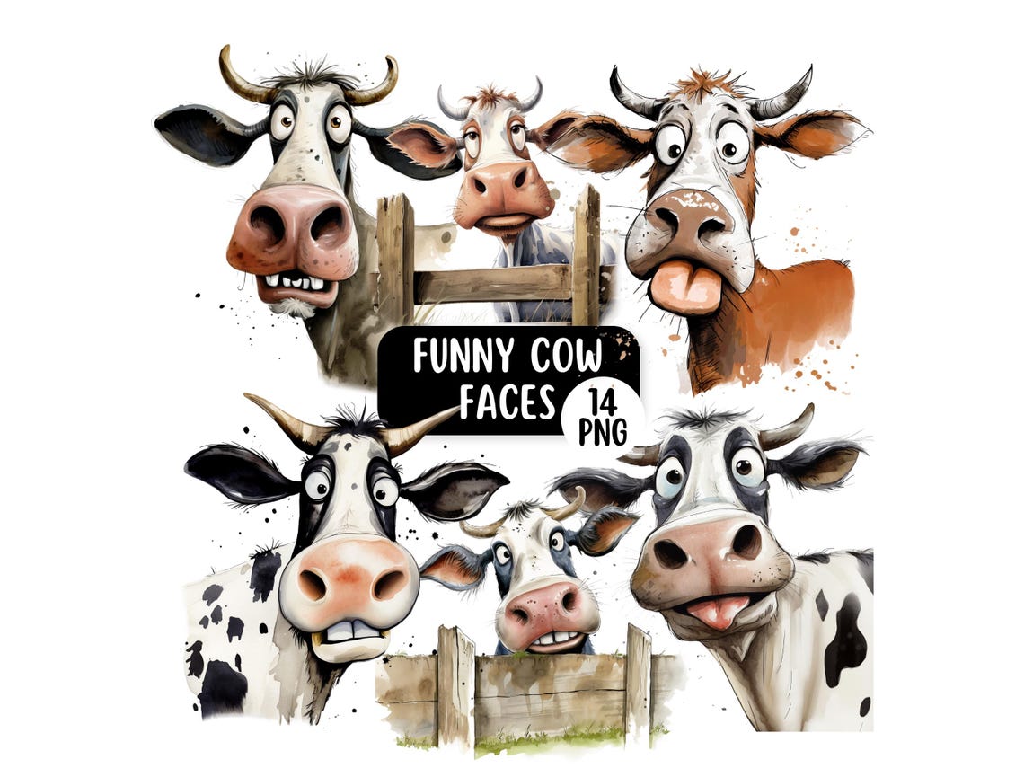 Funny Cow Faces PNG Clipart Bundle, Funny Farm Animal Graphics, Quirky ...