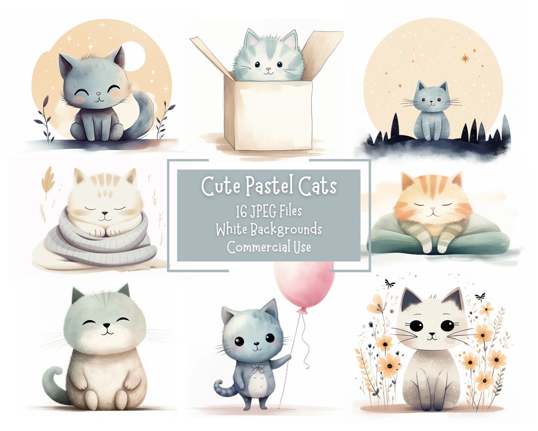 Cute Pastel Cats JPEG Clipart Bundle | 16 High Quality 300DPI Images ...