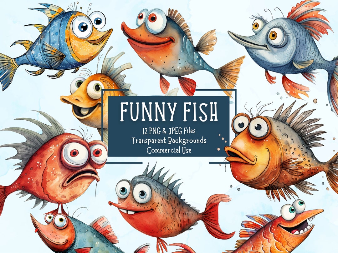 Funny Fish Clipart Bundle 12 PNG & JPEG Files | Transparent Backgrounds ...
