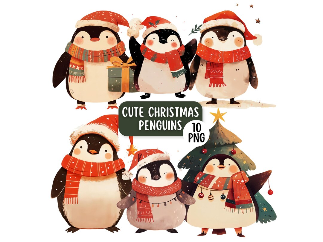 Cute Christmas Penguin PNG Clipart Bundle, Quirky Watercolour Christmas ...