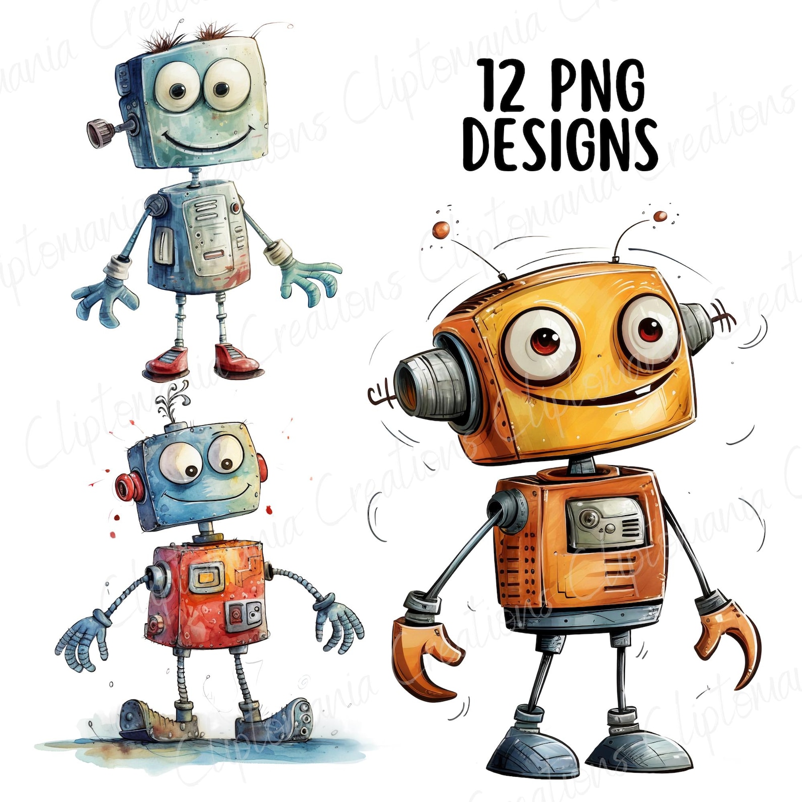 Quirky Robot Clipart Bundle 12 PNG | Transparent Backgrounds ...