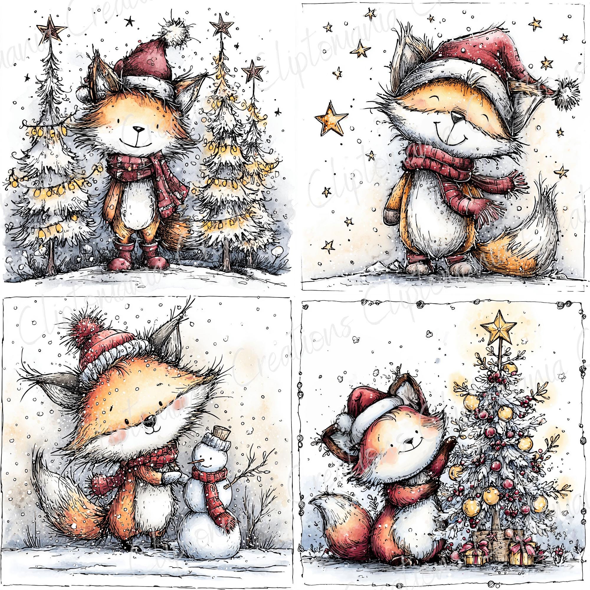 Cute Christmas Fox Clipart Bundle 12 JPEG | Christmas Card Designs ...