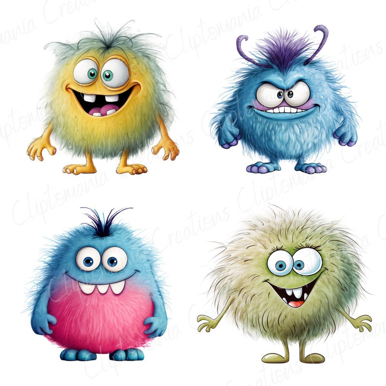 Funny Fluffy Monster Clipart Bundle 12 PNG | Cute Cartoon Monsters ...