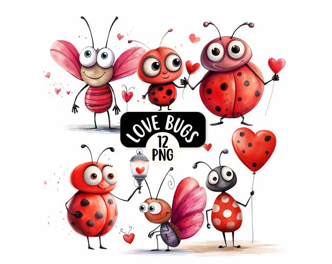 Cute Love Bug PNG Clipart Bundle, Transparent Backgrounds, Digital ...