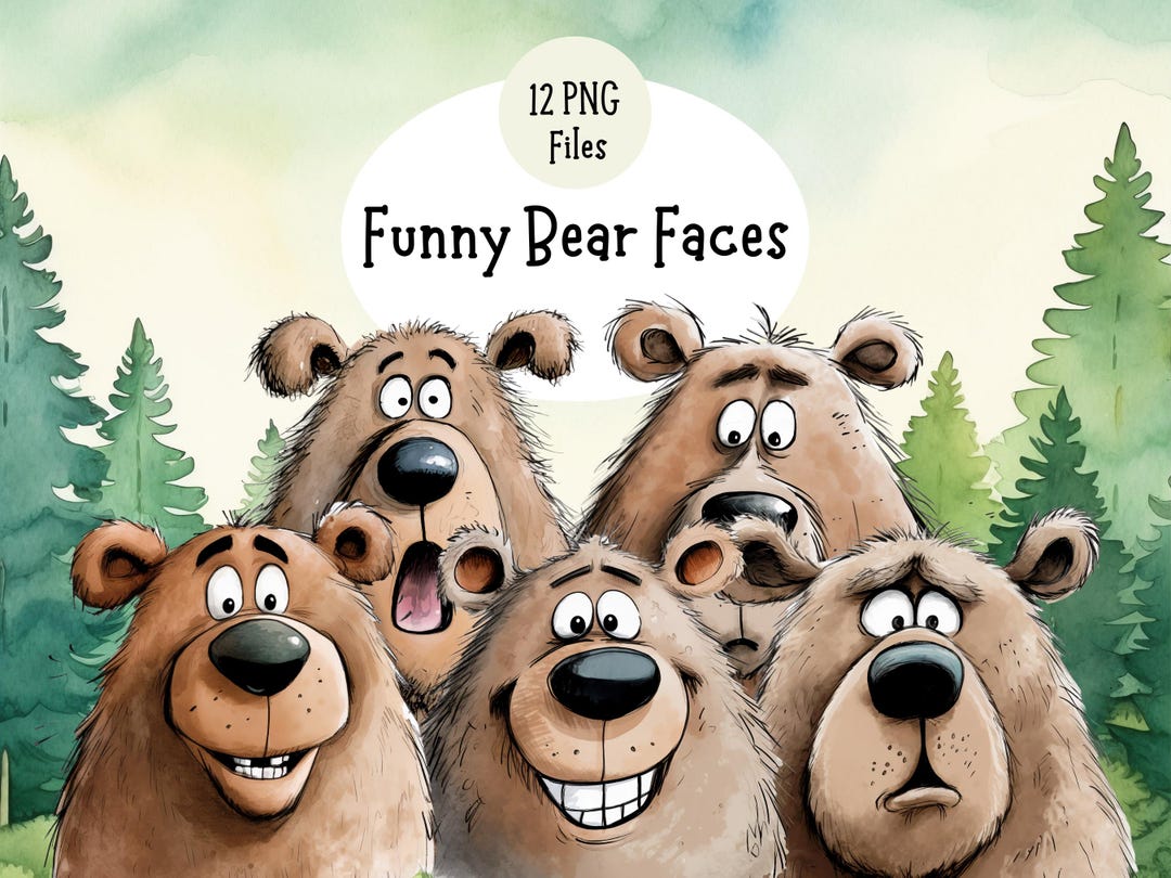 Cute and Funny Bear Faces Clipart Bundle | 12 PNG Designs Plus 2 JPEG ...