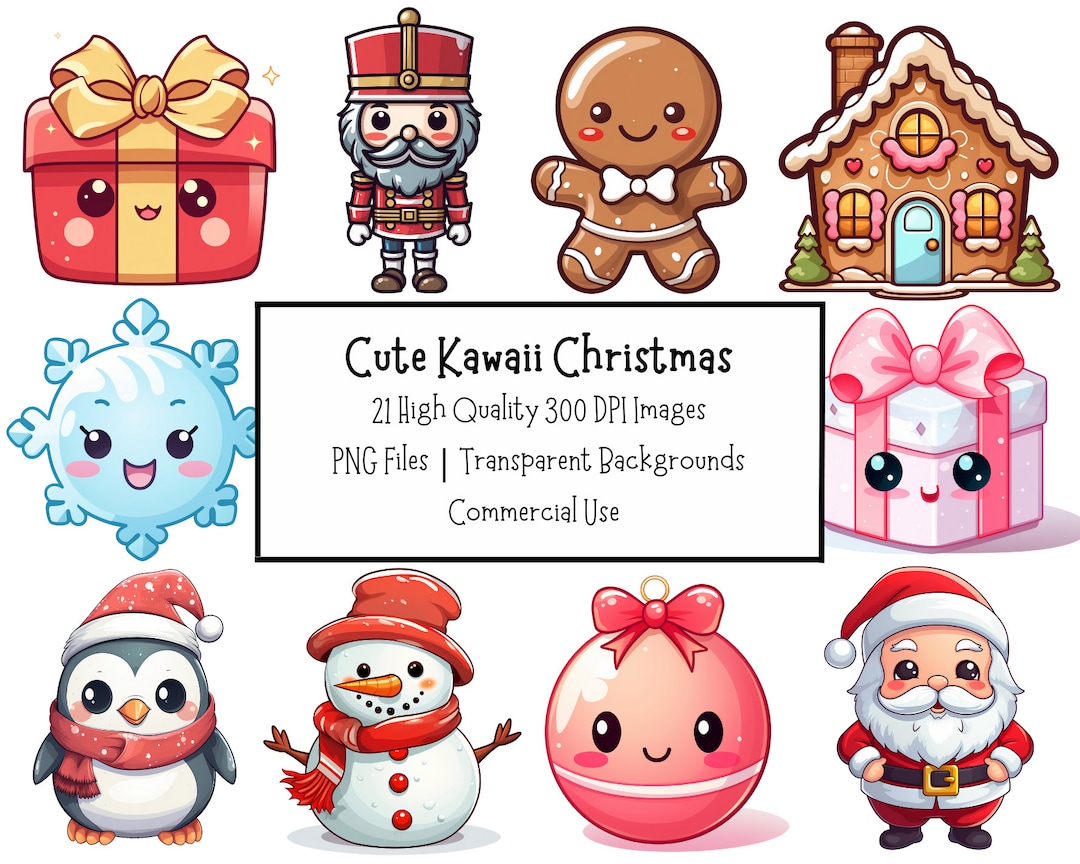 Cute Kawaii Christmas Clipart Bundle 21 High Quality PNG Designs With ...