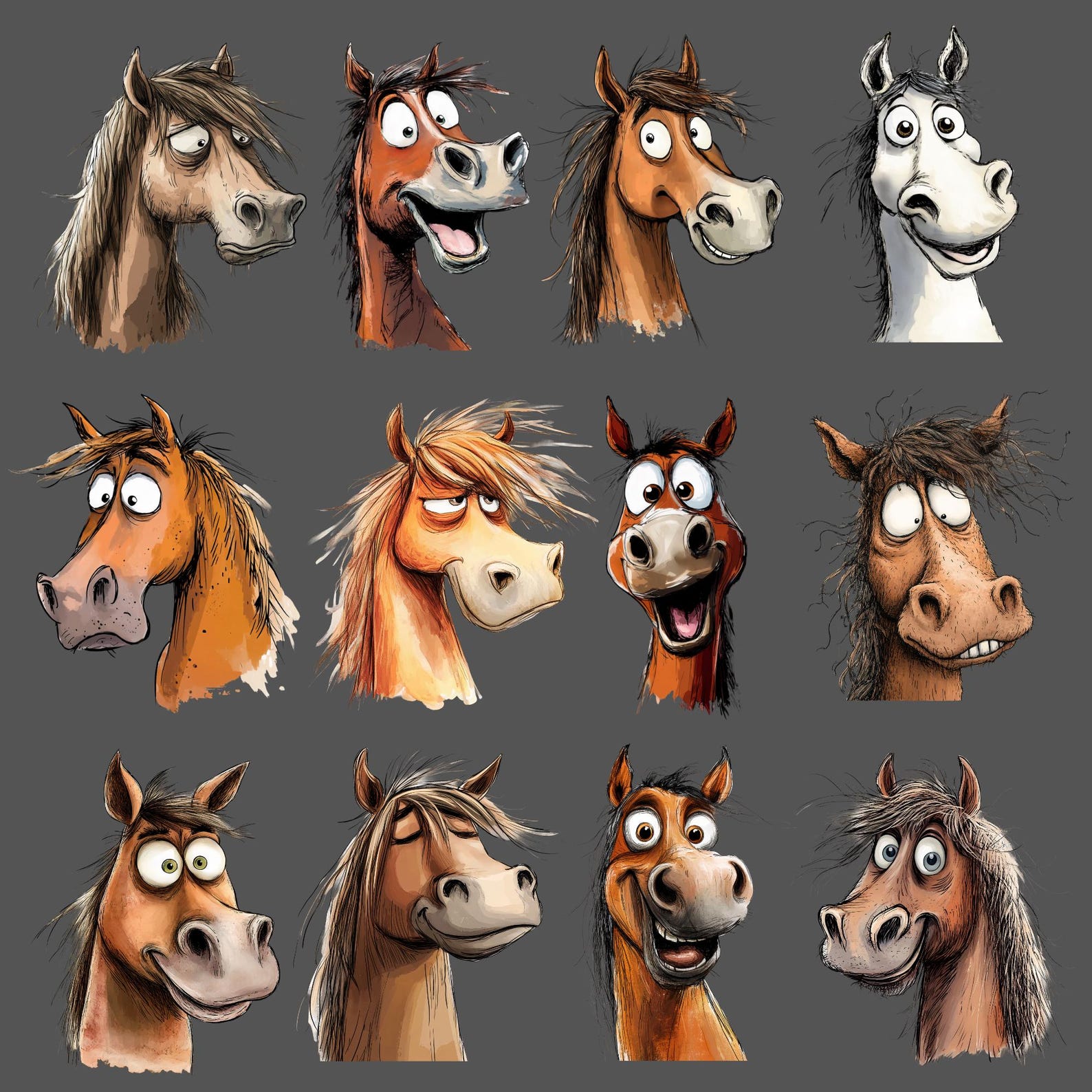 Quirky Horse Faces Clipart Bundle 12 PNG Designs, Commercial Use, Funny ...
