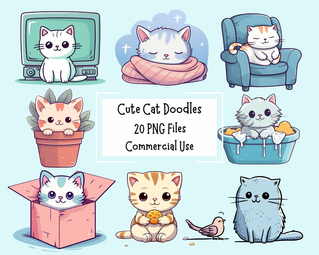 Cute Cat Doodles PNG Clipart Bundle | 20 High Quality 300DPI Images ...