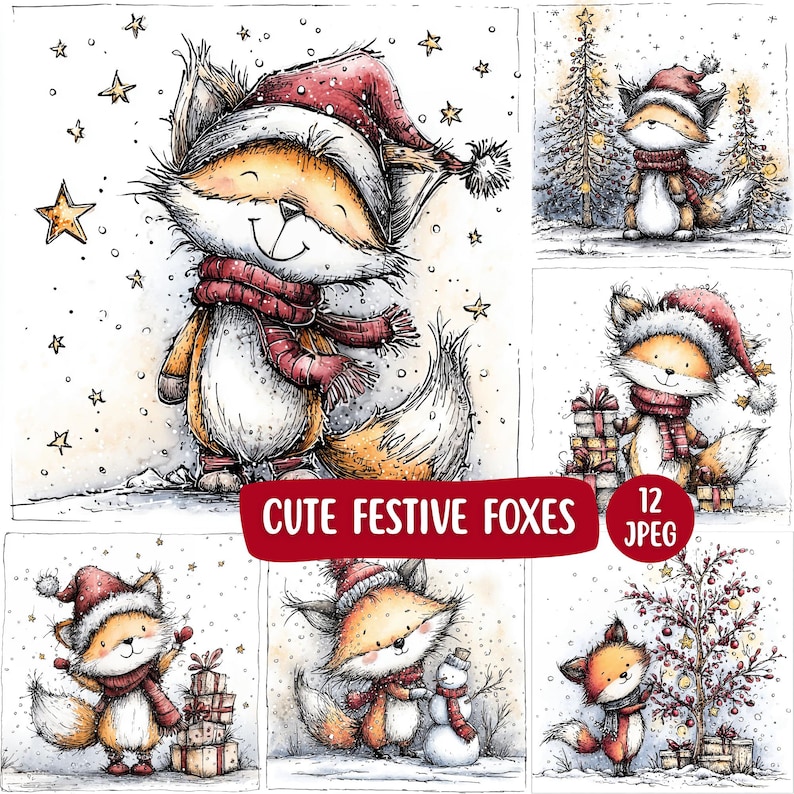 Cute Christmas Fox Clipart Bundle 12 JPEG | Christmas Card Designs ...