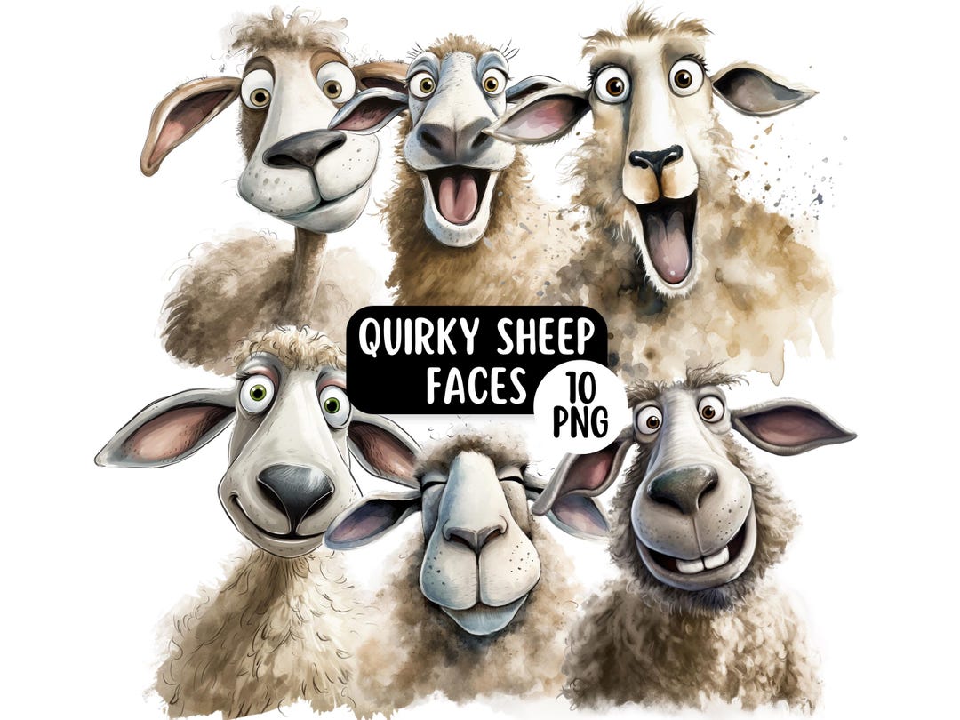 Quirky Sheep Faces PNG Clipart Bundle, Cute & Funny Watercolour Sheep ...