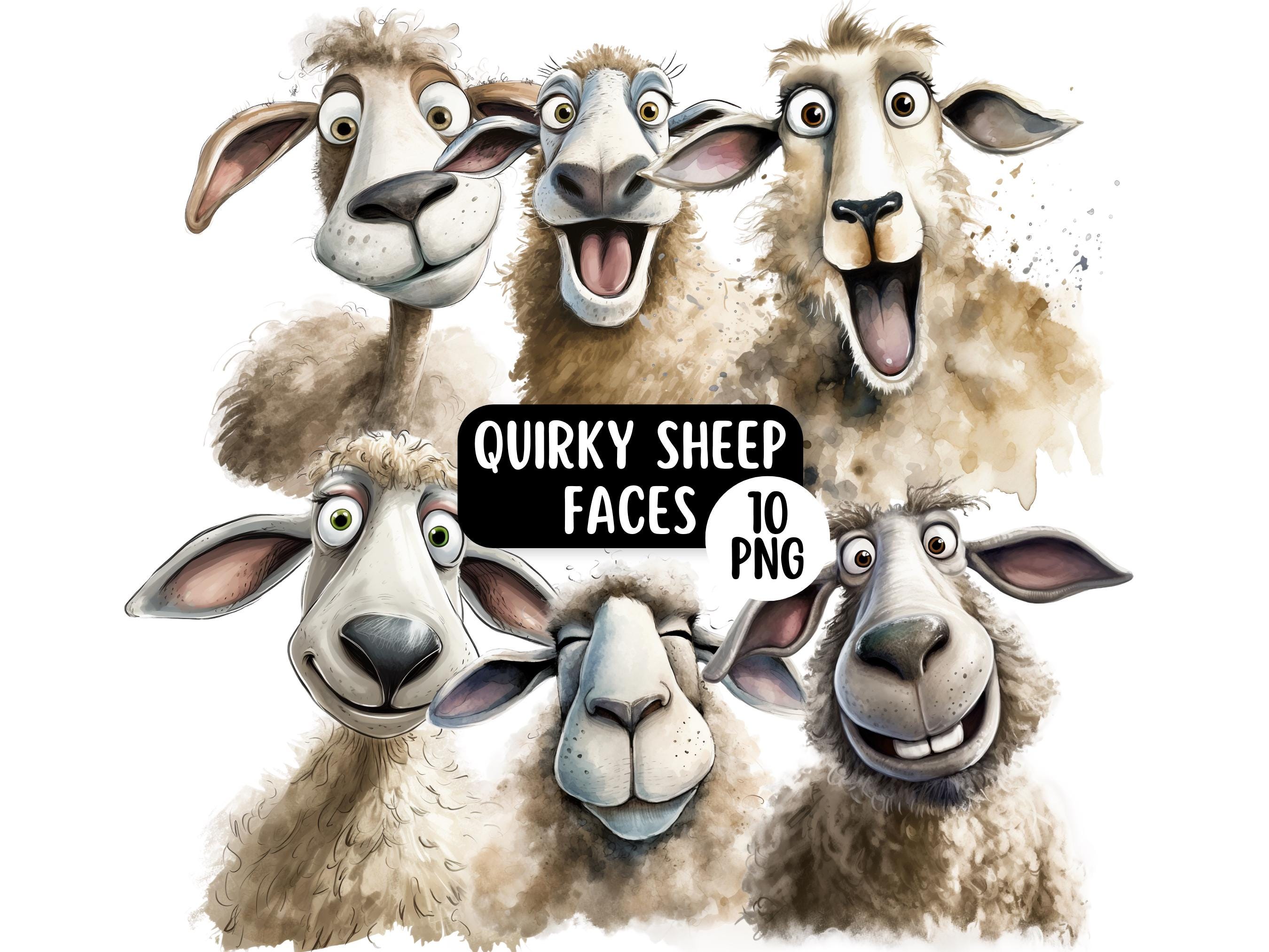 Quirky Sheep Faces PNG Clipart Bundle, Cute & Funny Watercolour Sheep ...