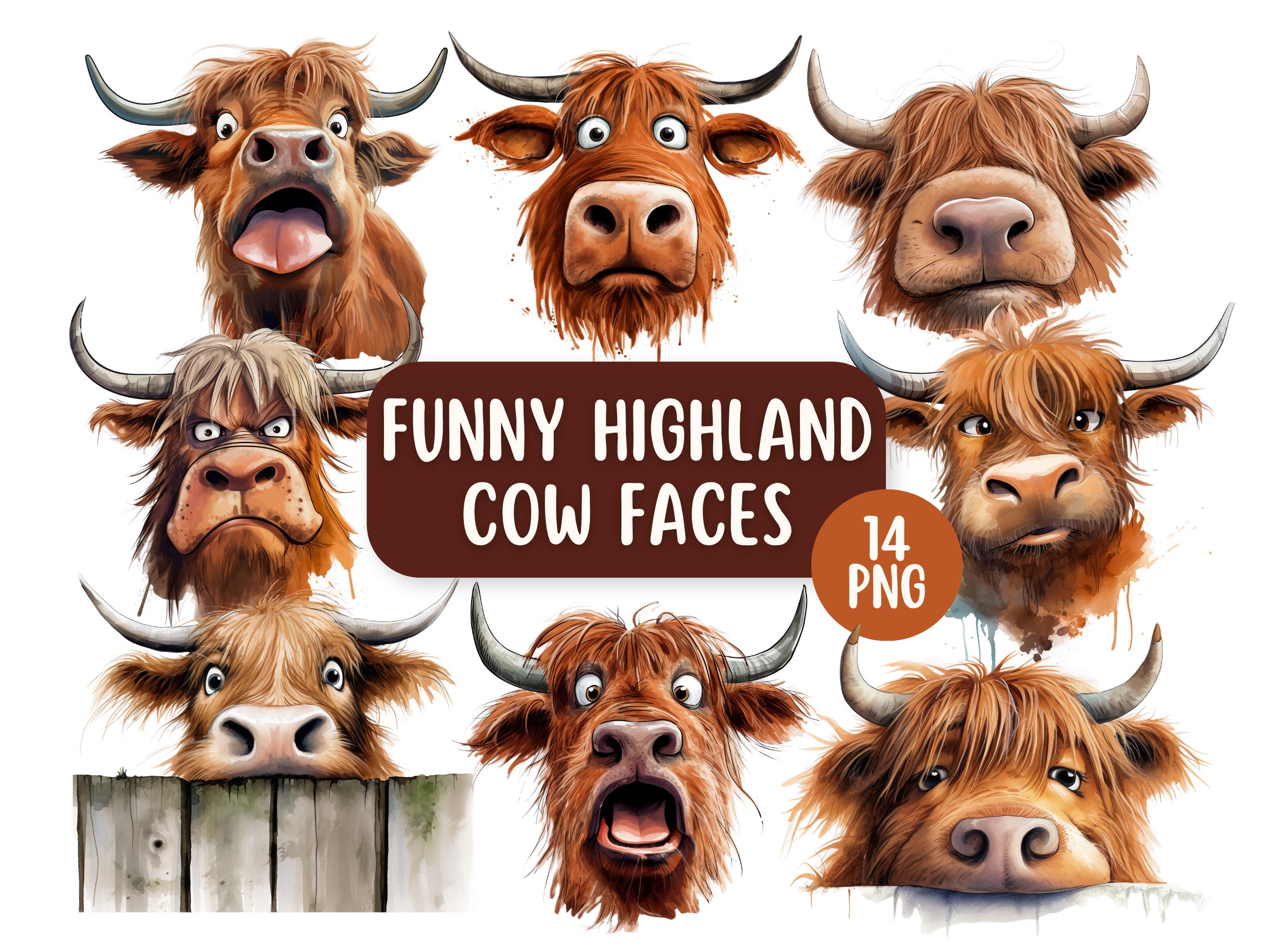 14 Funny Highland Cow Faces Clipart Bundle | Highland Cow PNG ...
