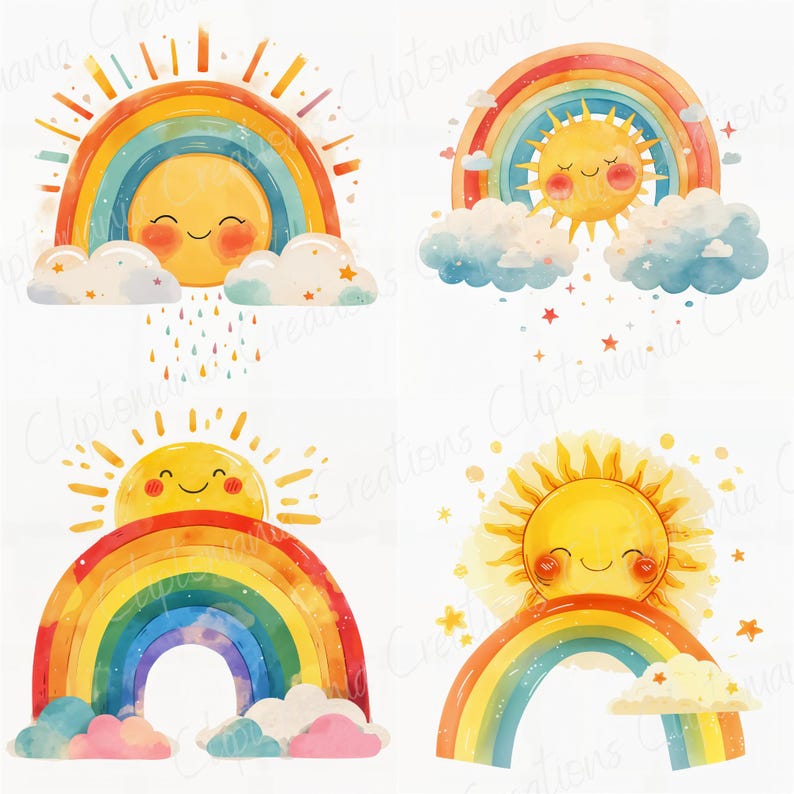 Watercolor Sun and Rainbow Clipart | JPEG Files, Nursery Art (digital ...