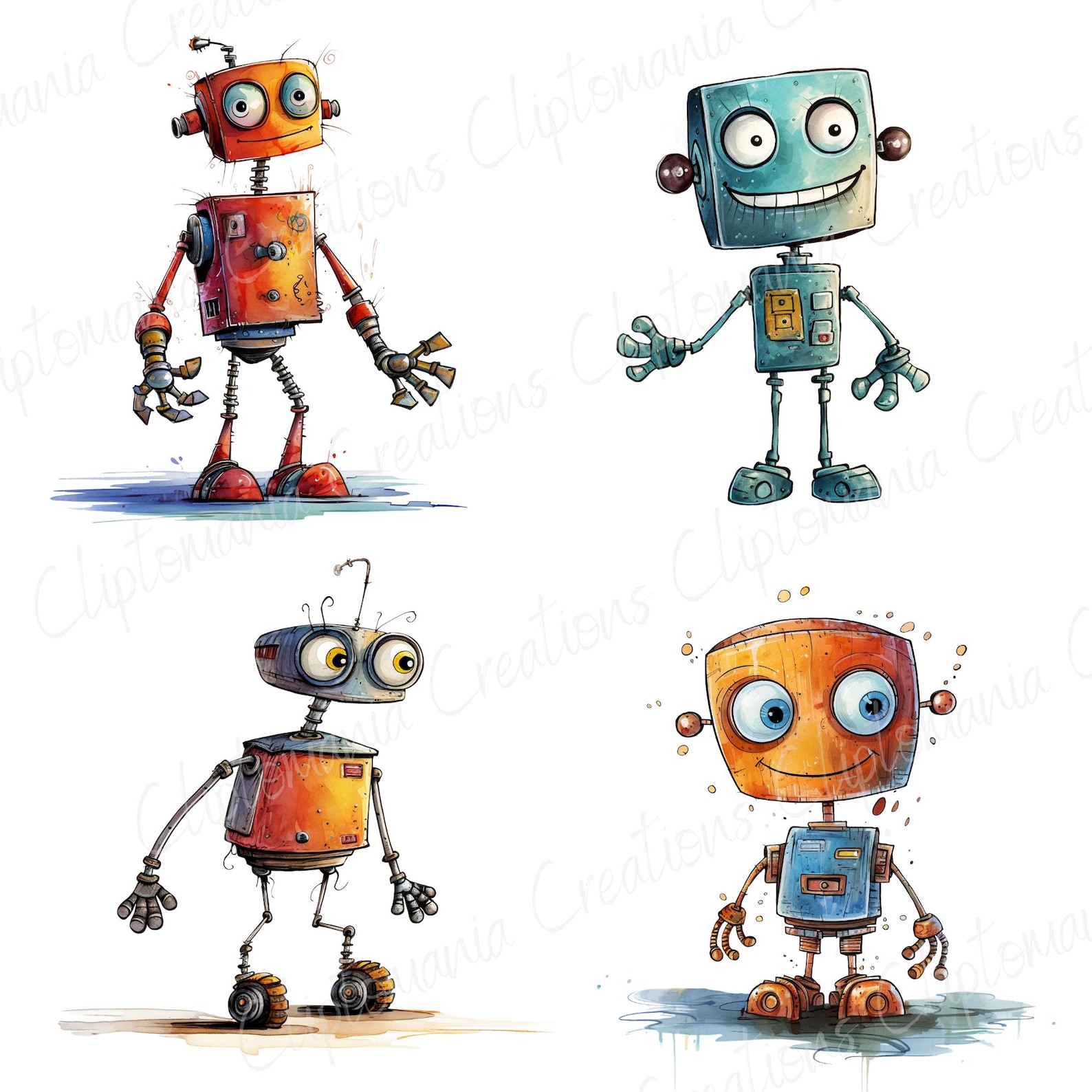 Quirky Robot Clipart Bundle 12 PNG | Transparent Backgrounds ...