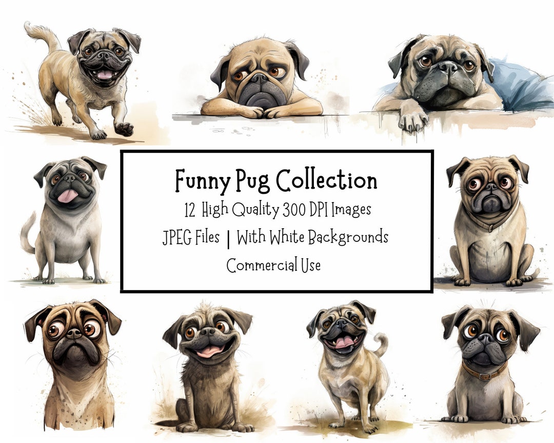 Funny Pug Dog Clipart Bundle | 12 High Quality 300DPI Images ...